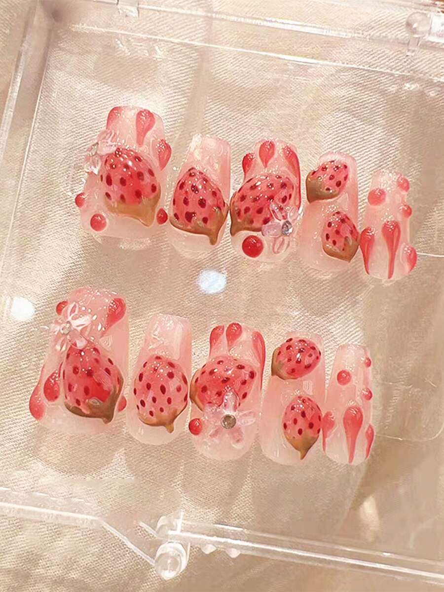 10pcs Red Strawberry Pressing Press On Nails Short Red Manicure ...