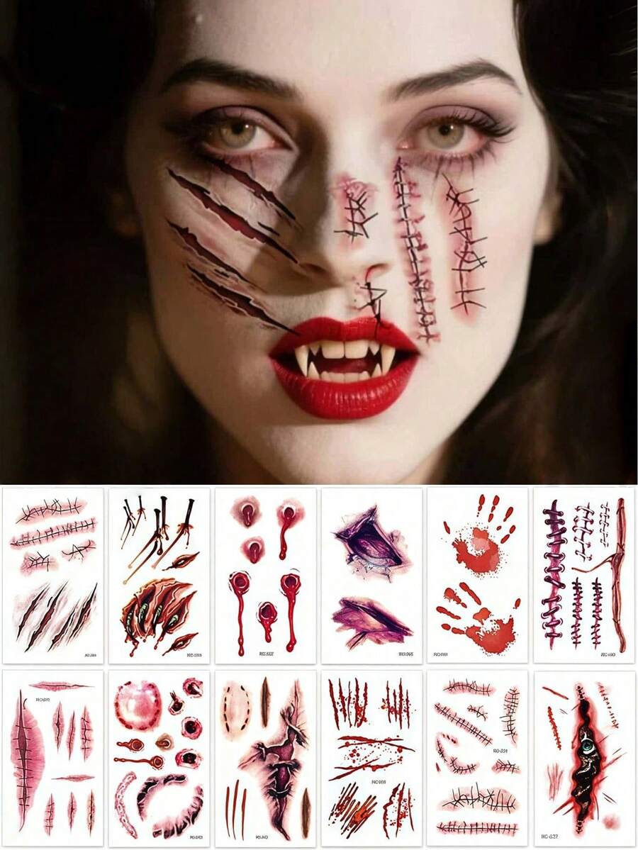 12 Sheets Fake Scars Halloween Temporary Tattoo Fake Stitches Vampire ...