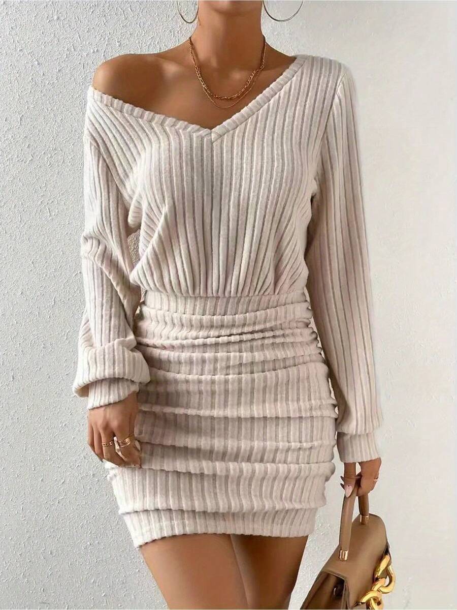 Women's Beige Off Shoulder Ribbed Knit Ruched Mini Dress, Long Sleeve ...