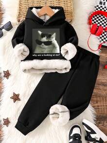 Tween Boy Slogan Cat Print Warm Hoodie And Sweatpants Casual Outfit for ...