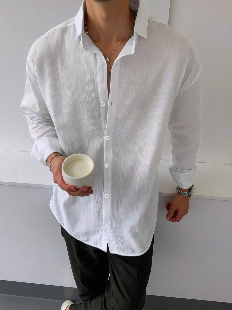 Men's Retro Casual Textured Solid Color Long Sleeve Shirt, All Season ...