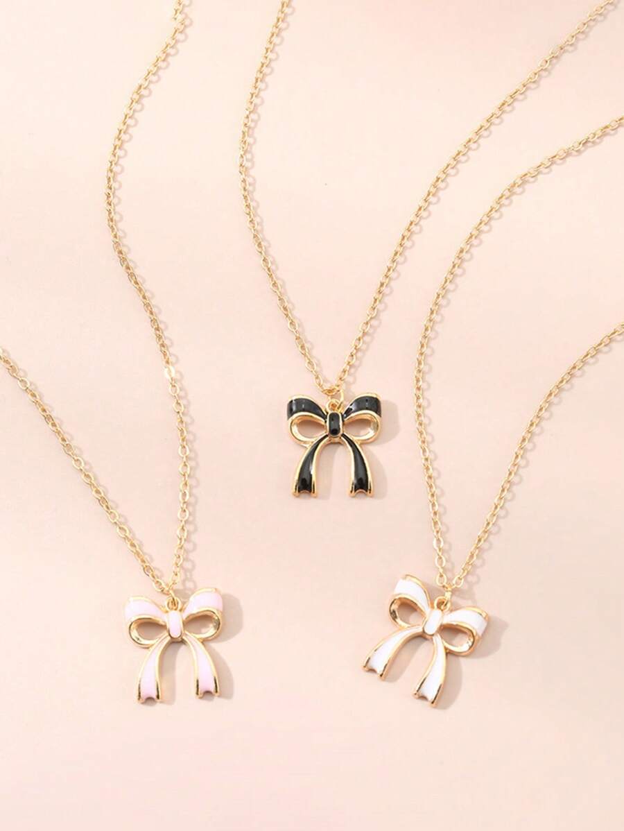 3pcs Cute & Simple Colorful Bow Pendant Necklace Set, Best Accessory ...