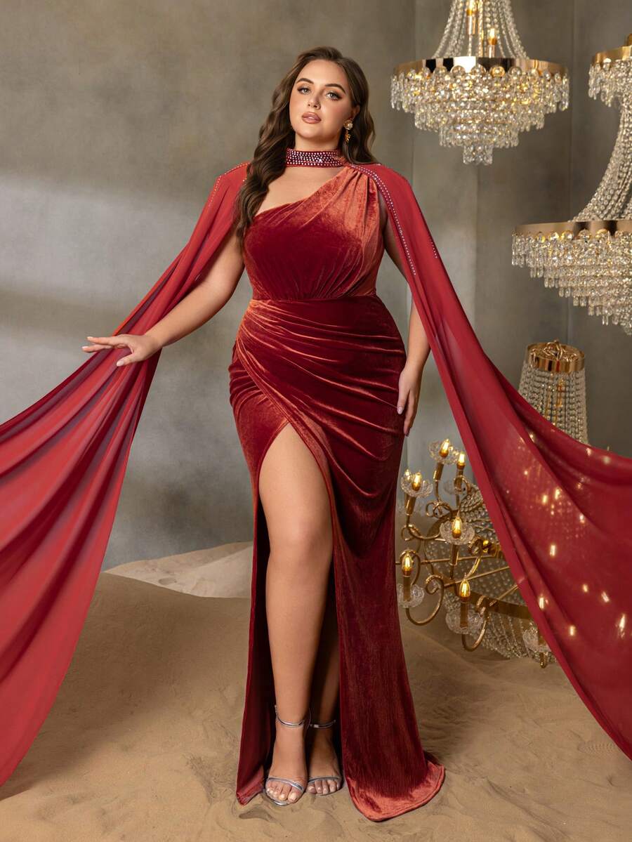 Faeriesty Curve Plus Rhinestone Detail Velvet Formal Dress With Cape ...