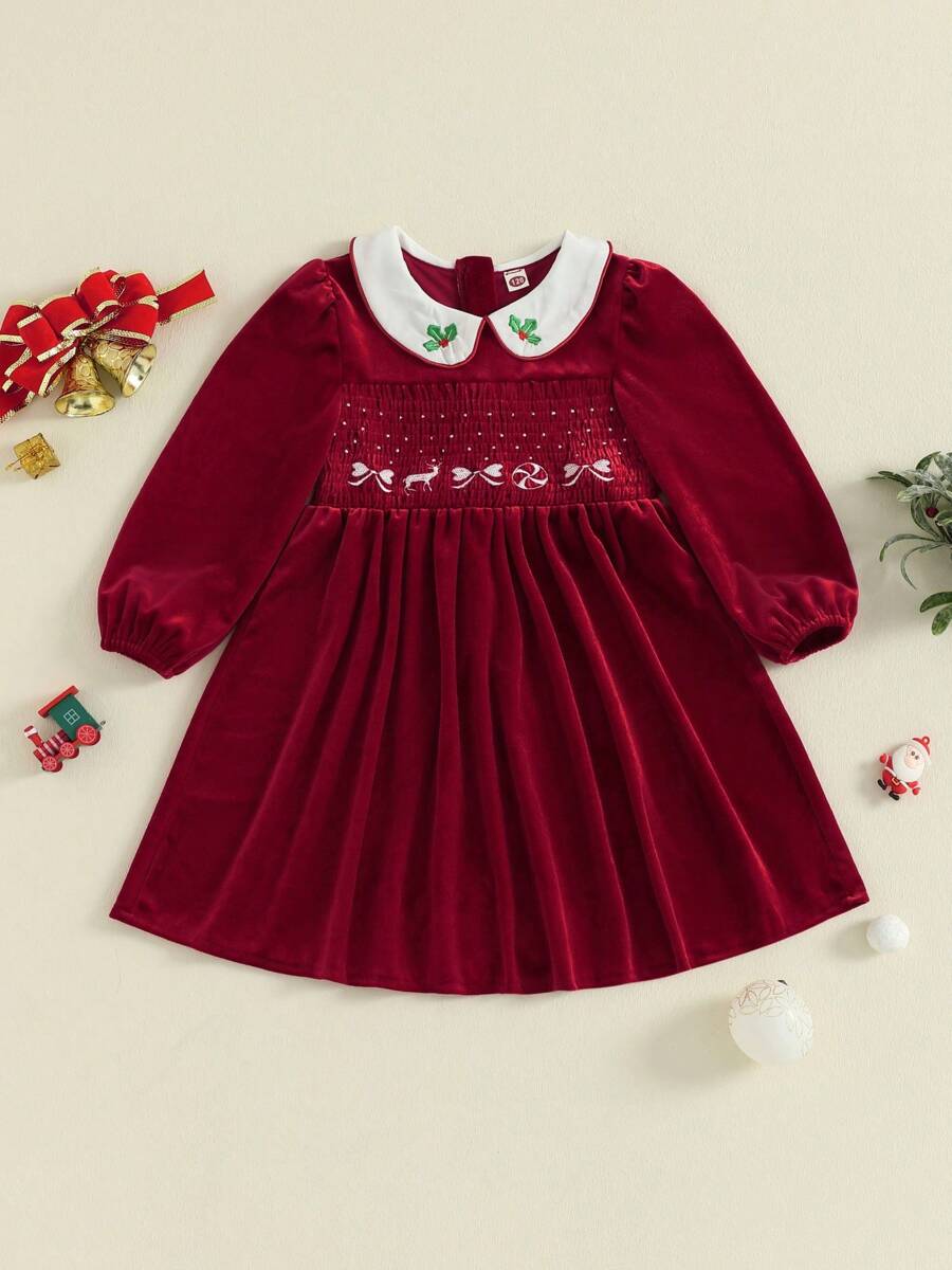 Toddler Kids Baby Girl Christmas Dress Long Sleeve Smocked Deer Embroidered Velvet Dresses ...