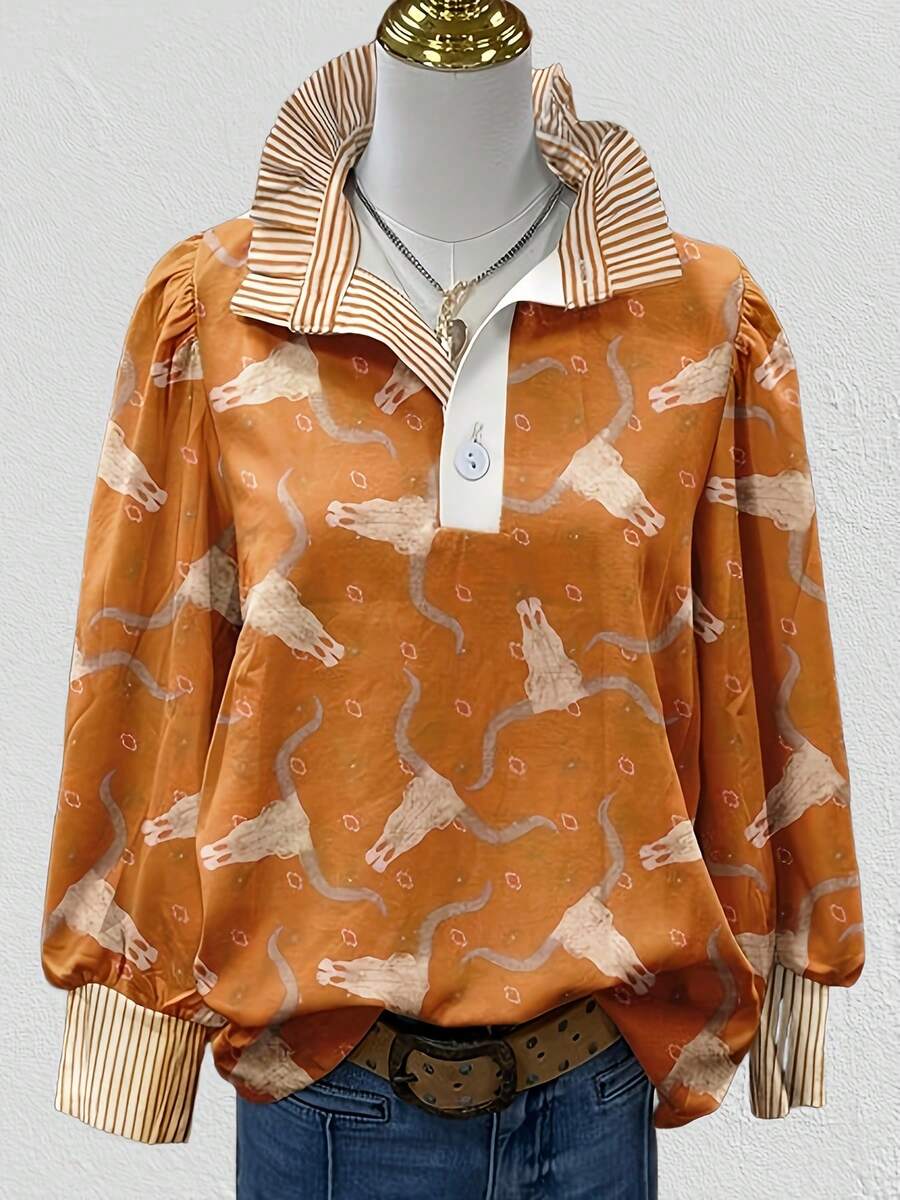 Paisley Pattern Casual Lantern Sleeve Lazy V-Neck Long Sleeve Top ...