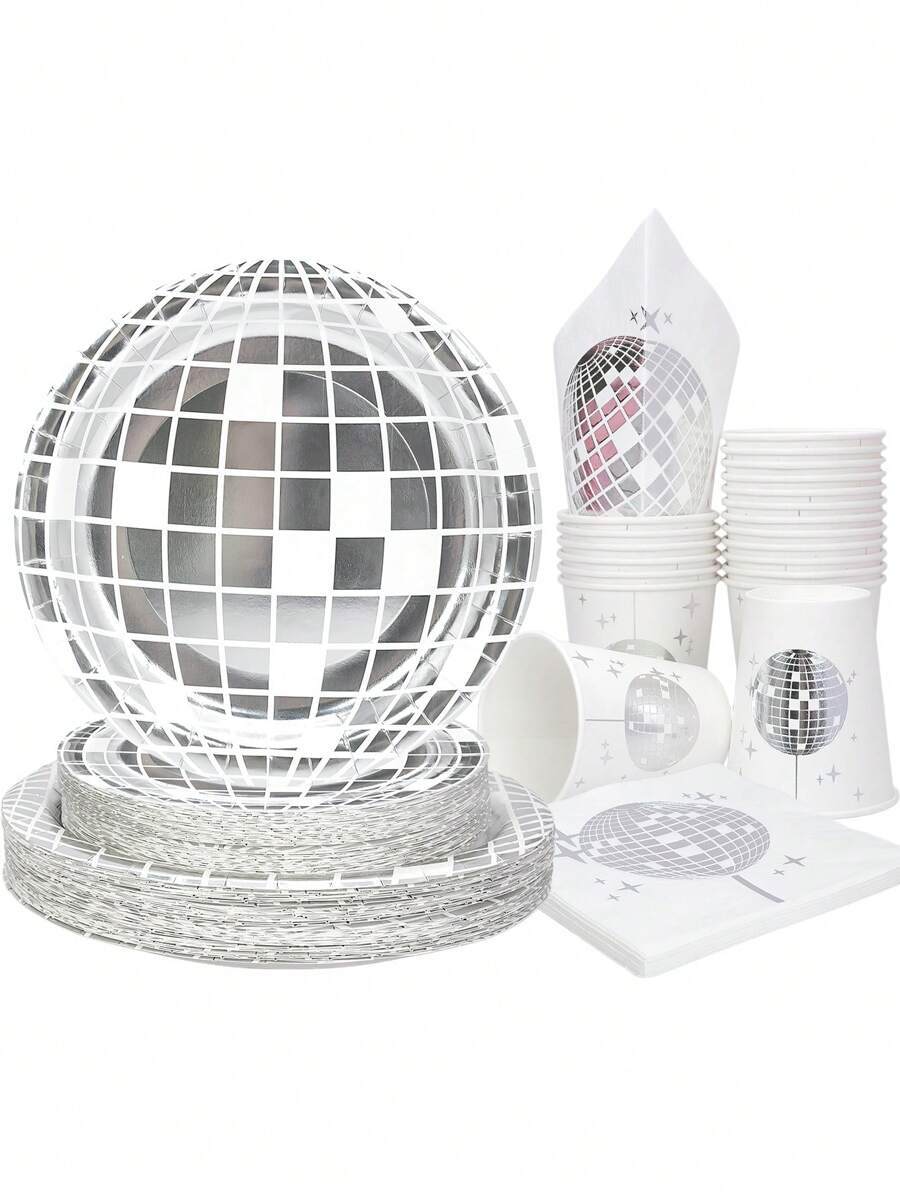 10pcs 70s 80s Disco Party Supplies,Silver Disco Ball Dinnerware Include ...