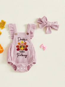 Baby Girls Thanksgiving Romper Letter Turkey Embroidery Flying Sleeves ...