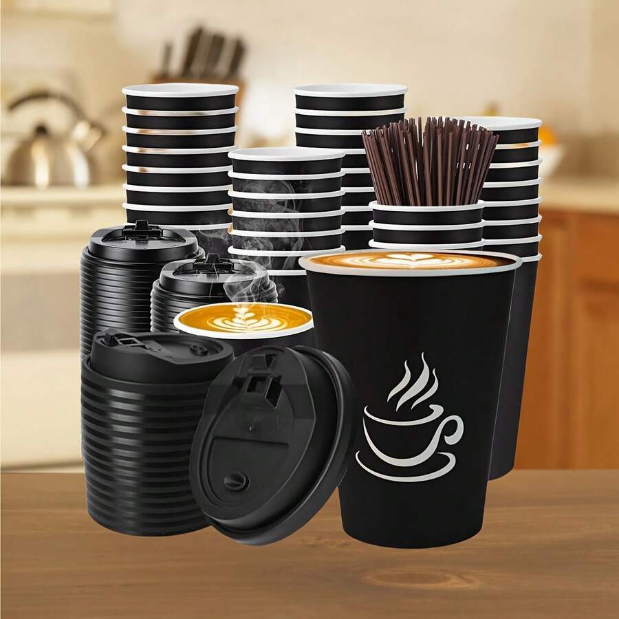50-Pack 16oz Disposable Black Coffee Cups With Lids & Straws - Leak ...