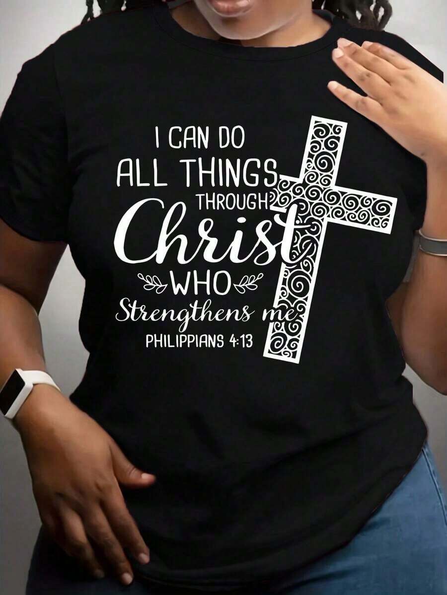 Plus Size Women's Tops Letter 'I CAN DO ALL THINGS ...' Printed Short ...