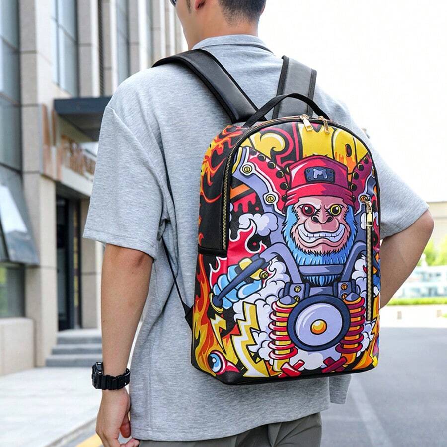 Fashionable American Street Style Graffiti Print Backpack, Unisex Hip ...