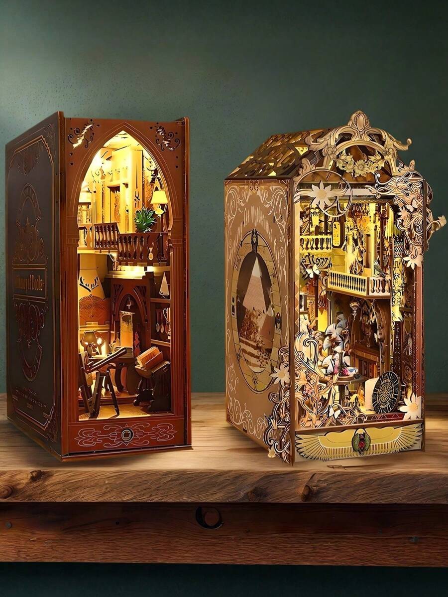 2-Pack DIY Book Nook Kit With LED Light, Vintage Wooden Miniature Shelf ...