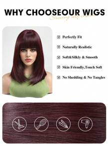 Peluca corta y recta de cabello sintético de color rojo vino oscuro con ...