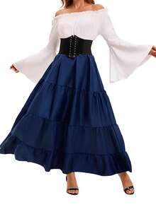 Women Medieval Dress Contrast Off Shoulder Long Sleeve Long Tiered ...