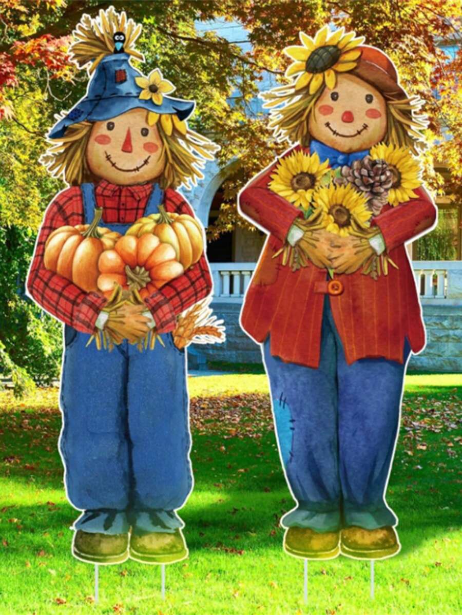 2pcs Autumn Harvest Scarecrow Yard Decorations With Stakes ...
