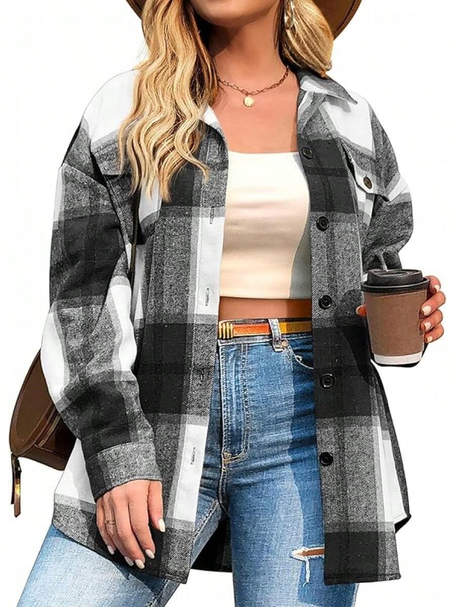 Womens Plus Size Shacket Jacket Flannel Plaid Long Sleeve Button Down ...