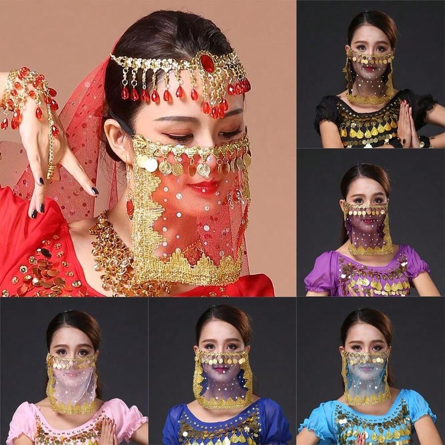 Women Sequins Belly Dance Face Veil Lady Dance Face Masquerade Mask ...