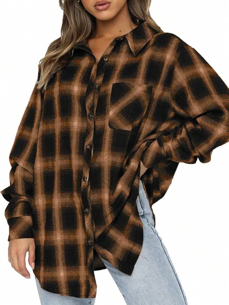 Womens Button Down Flannel Shirts Long Sleeve Plaid Shackets Business ...