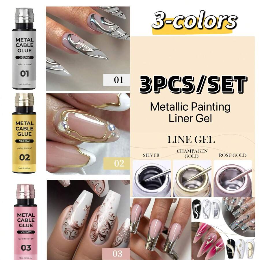 3pcs 5ml Nail Art Metal Thread Adhesive Outlining And Painting High ...