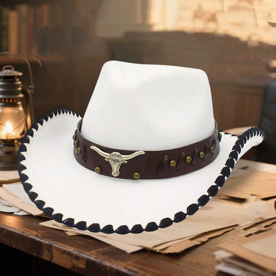 New Western Cowboy Hat With Faux Cowhide Leather Band, Stylish Wide ...