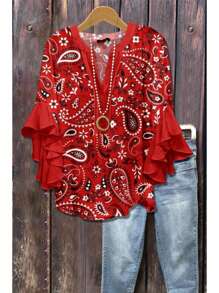 Plus Size, Women's Plus-Size Elegant Shirt - Red Blouse-Like Top With ...