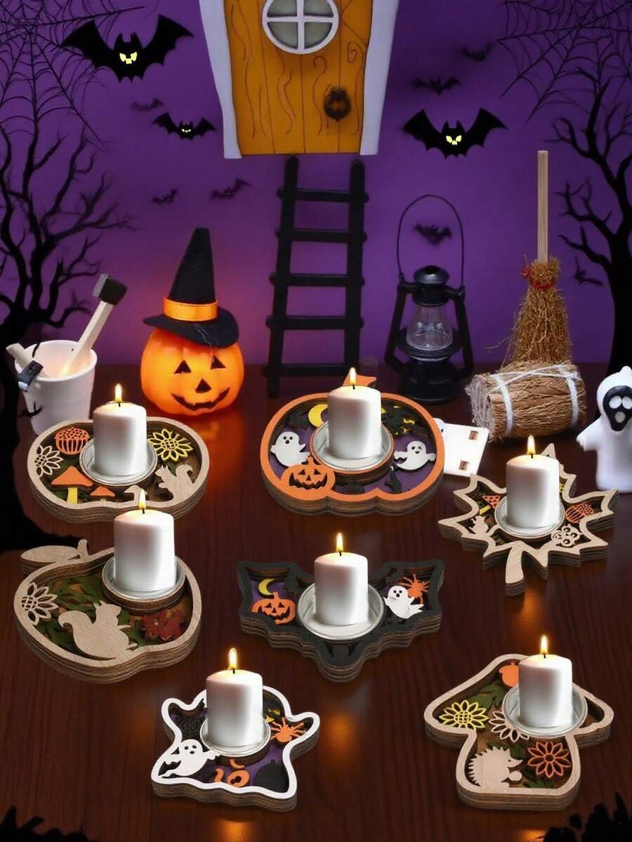 1PC Halloween Wooden Little Candles Holder Base Decoration, Used For ...