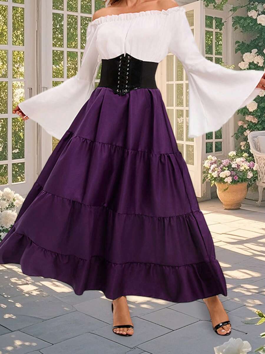 Women Medieval Dress Contrast Off Shoulder Long Sleeve Long Tiered ...