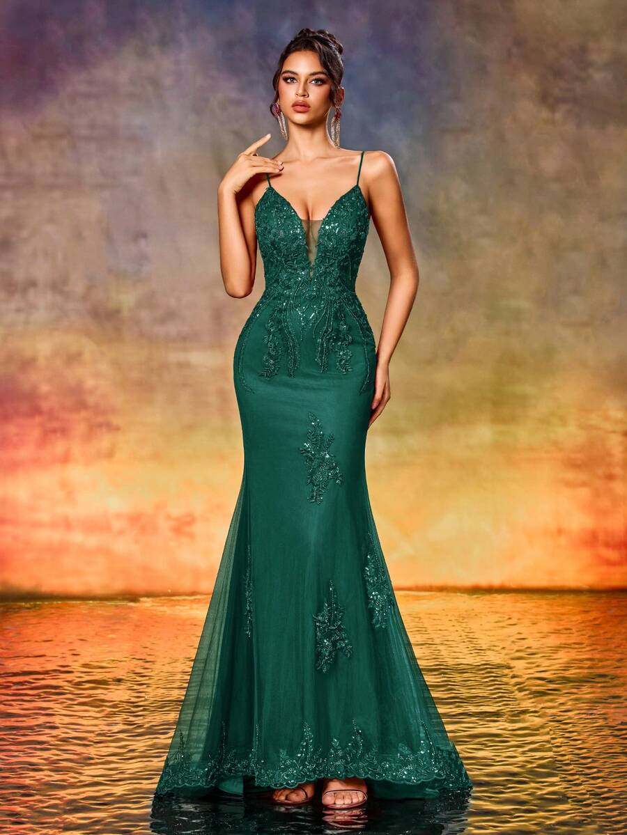 Sexy Embroidery Flower Dress With Sequined Beaded Evening Gown With ...