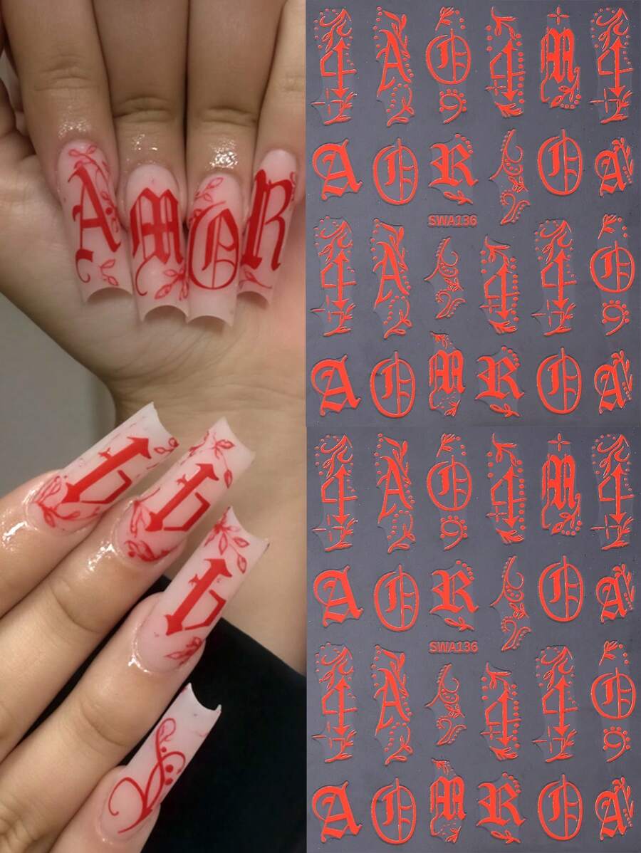 2 Stück 3D Gothic Rote Buchstaben Nail Art Aufkleber, beinhaltet ...