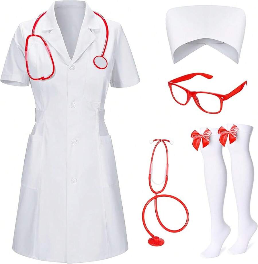 Women 5Pcs Halloween Nurse Costume Set Doctor Outfit Lab Coat Nurse Hat ...