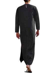 Men's V-Neck Short Sleeve Robe Side Split Kaftan Cotton Long Gown Thobe ...