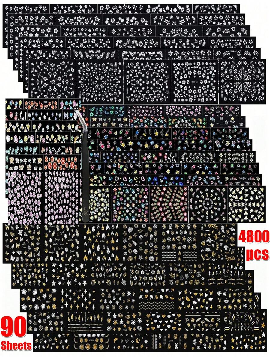 90pcs Y2K 3D Nail Stickers + 1 Tweezer, 4800pcs 3D Self-Adhesive White ...