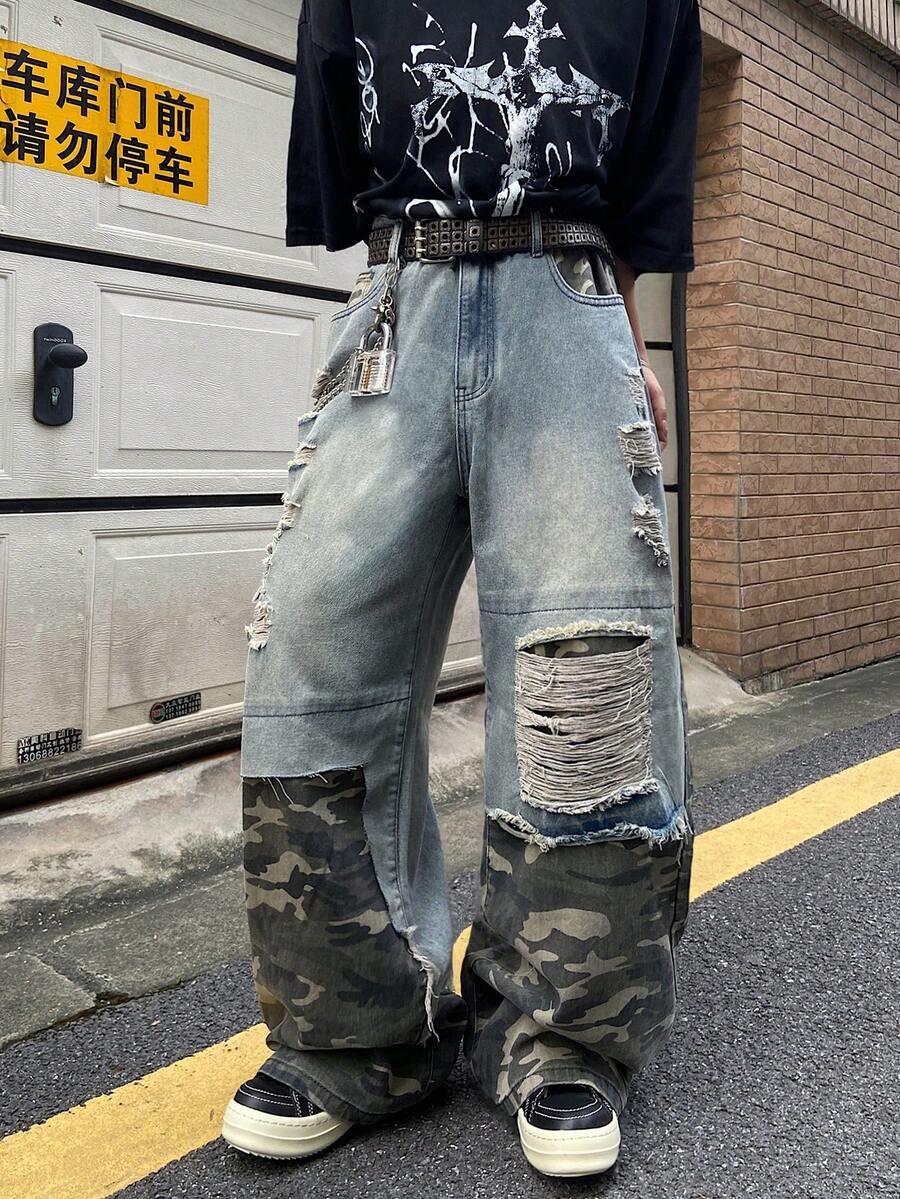 1pc Men's Ripped Distressed Patchwork Camouflage Wide Leg Jeans, Casual ...