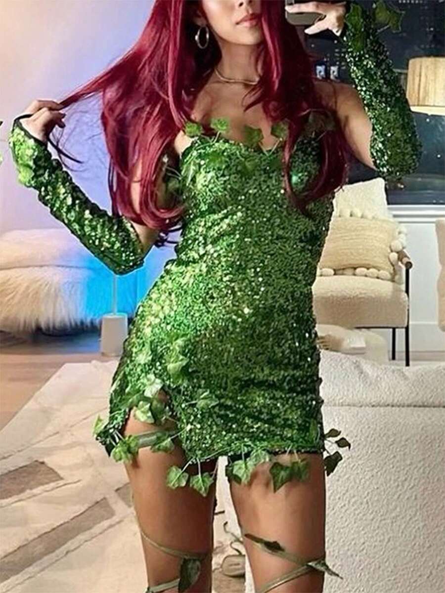 Deluxe Green Ivy Costume For Women, Sleeveless Fake Leaves Sequin Dress ...
