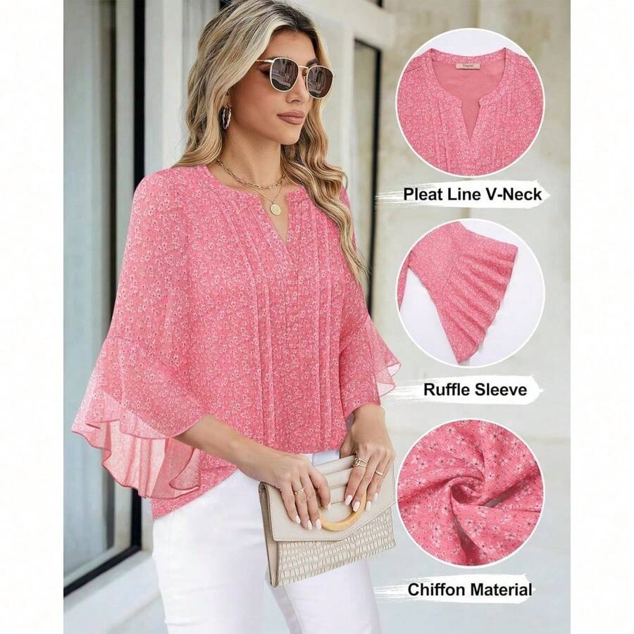 Women's 3/4 Sleeve Tops Dressy Casual Business Work Blouses Chiffon ...