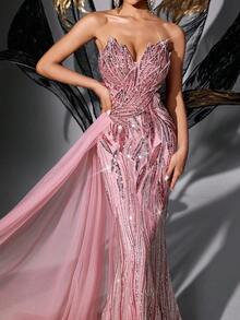 Fairy Style Pink Sequin Strapless Lace Up Gown Dress For Graduation ...