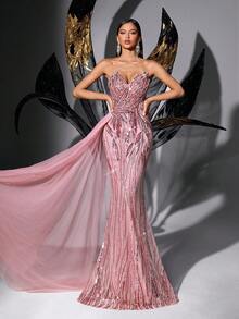 Fairy Style Pink Sequin Strapless Lace Up Gown Dress For Graduation ...