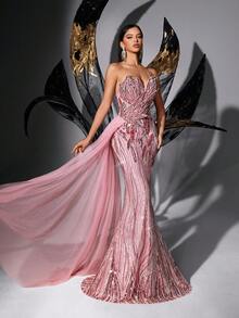 Fairy Style Pink Sequin Strapless Lace Up Gown Dress For Graduation ...