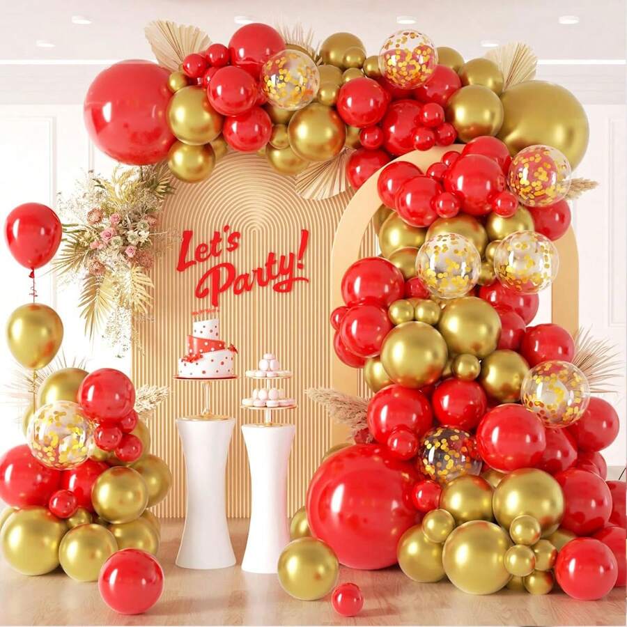 100PCS Red And Gold Balloon Arch, Red And Gold Balloon Garland Arch Kit ...