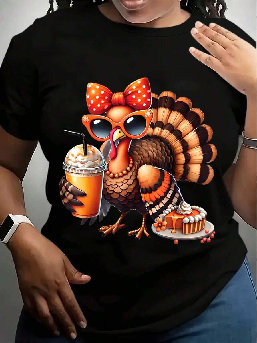 Women's Crew Neck T-Shirt White Thanksgiving Turkey With Sunglasses And ...