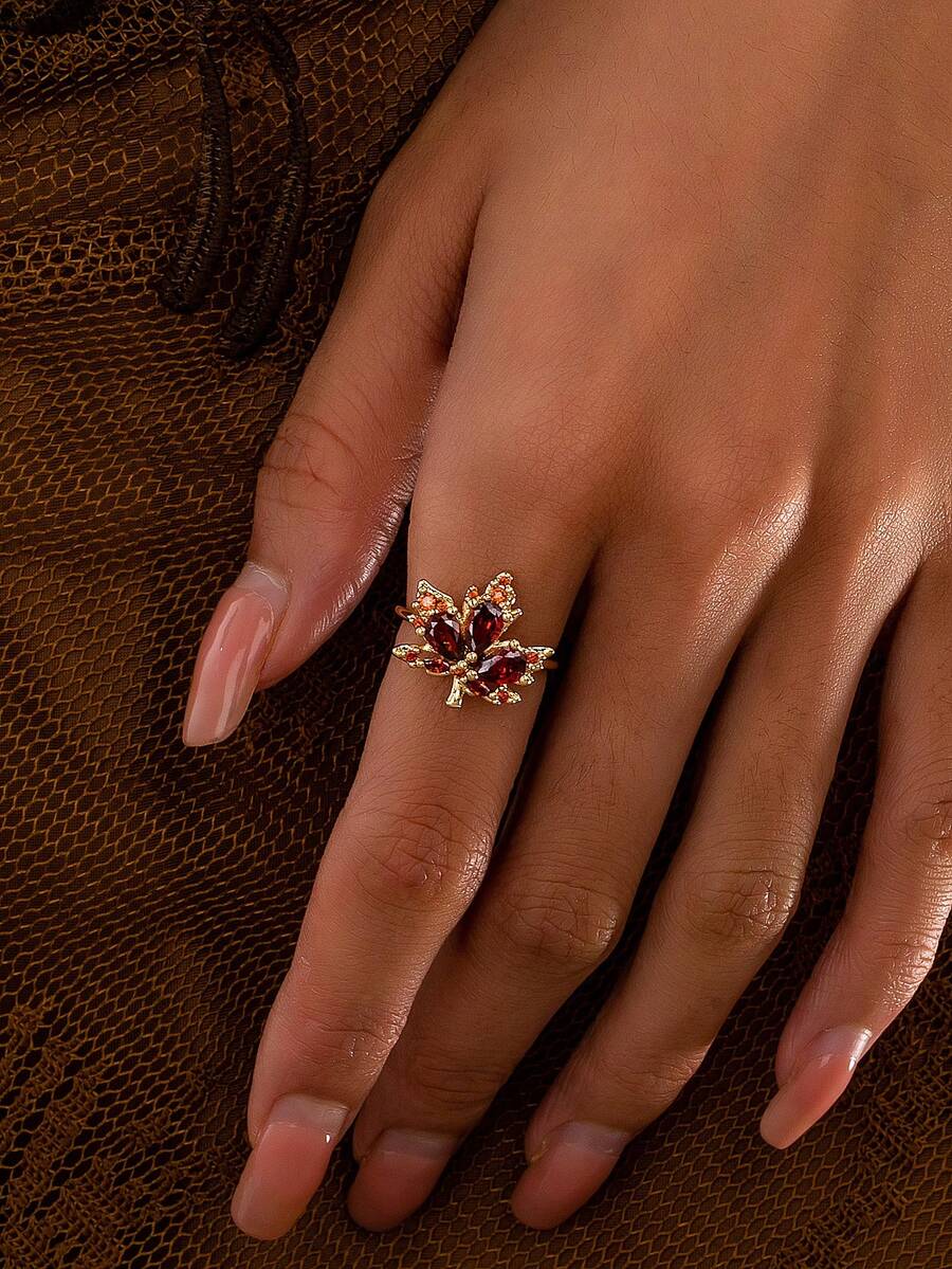 1 Pc Crystal Decor Maple Tree Leaf Statement Ring , Fall Season Leaves ...