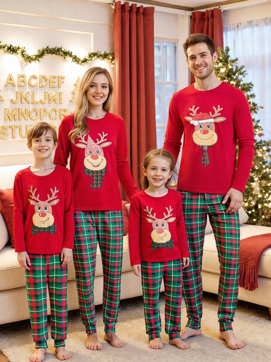 Family Matching Christmas Pajamas Set Deer Head Plaid Print Holiday ...