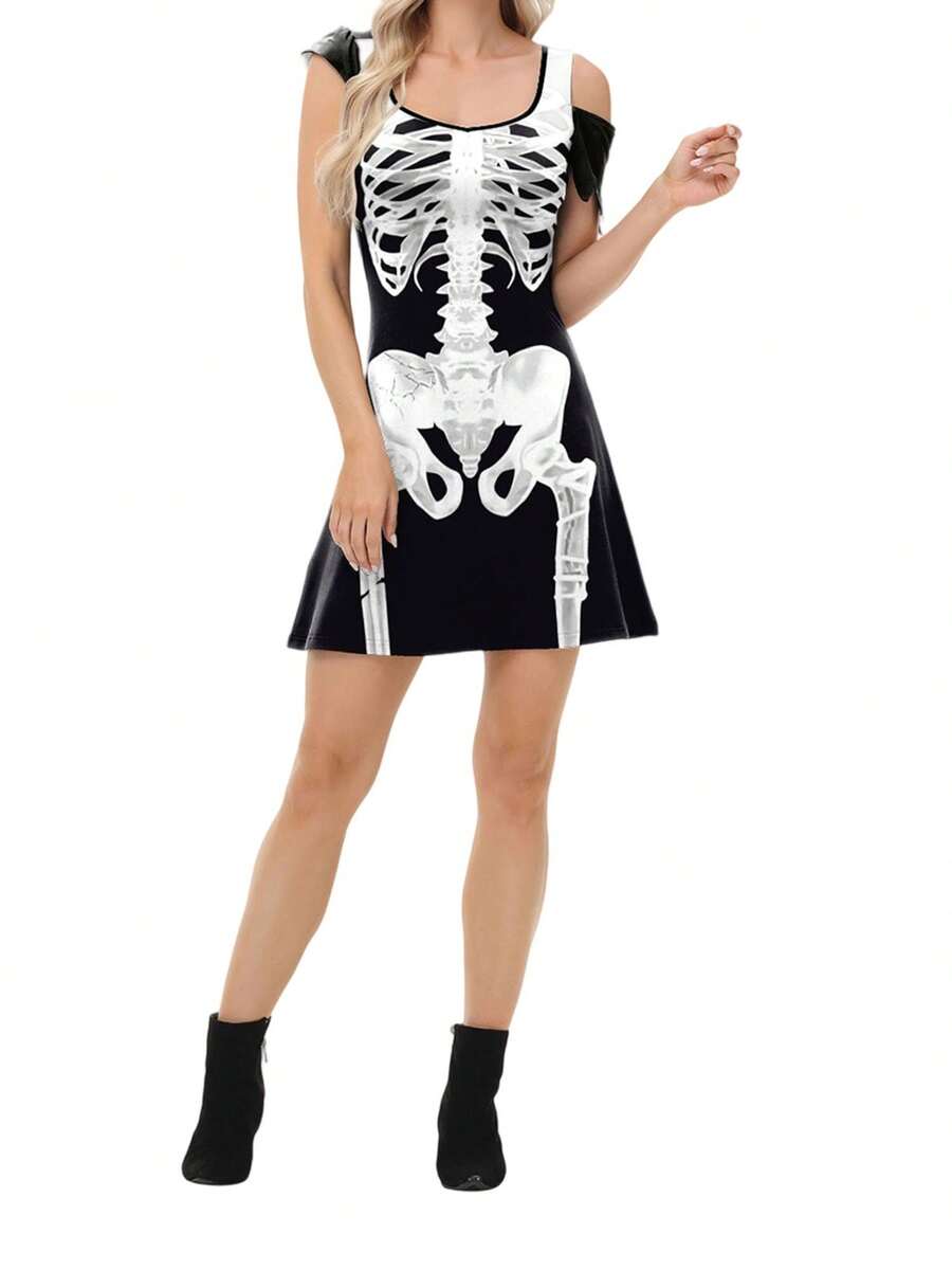 Women Skeleton Costume Dress Bones Halloween Dresses Irregular Sleeve ...