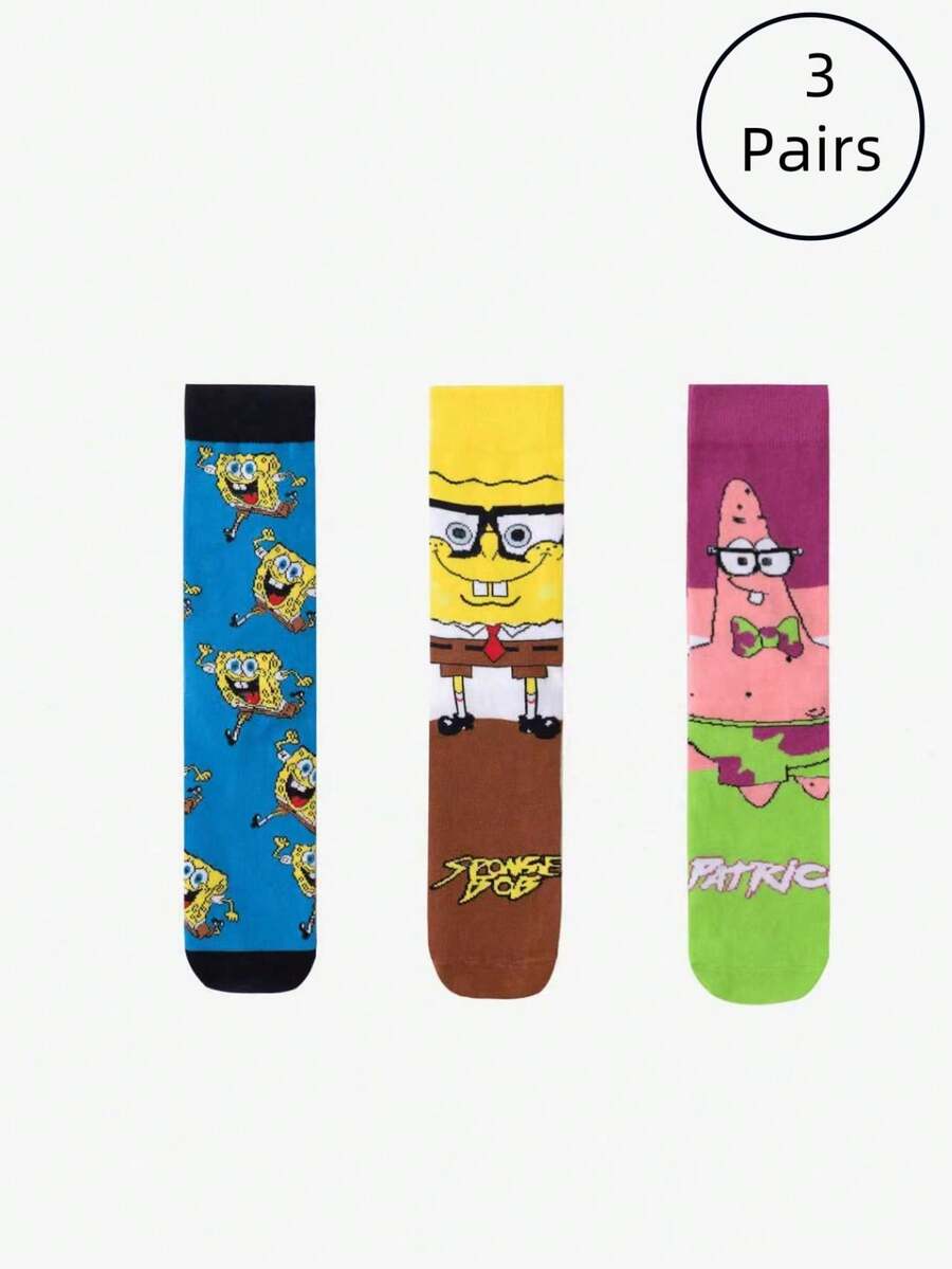 SPONGEBOB 3 Pairs Women's SpongeBob SquarePants Themed Fashion Mid-Calf ...