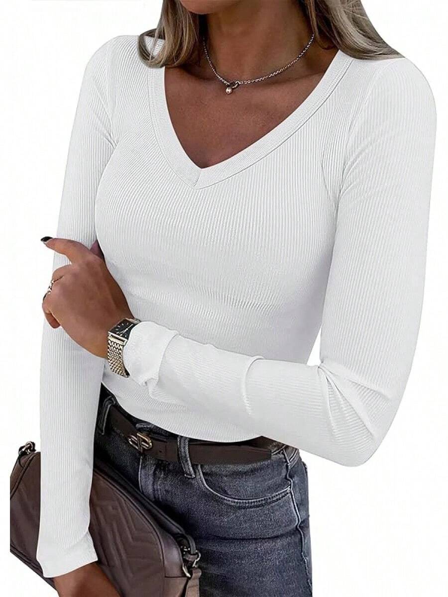 ANRABESS Long Sleeve Shirts Women Ribbed Knit Slim Fall Basic Tshirts ...