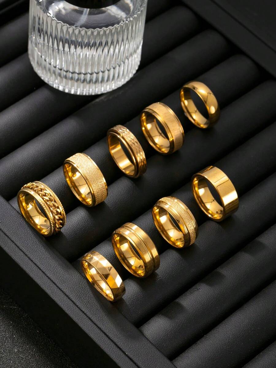 9pcs Minimalist Stainless Steel Gold Color Ring Set For Men, Includes ...