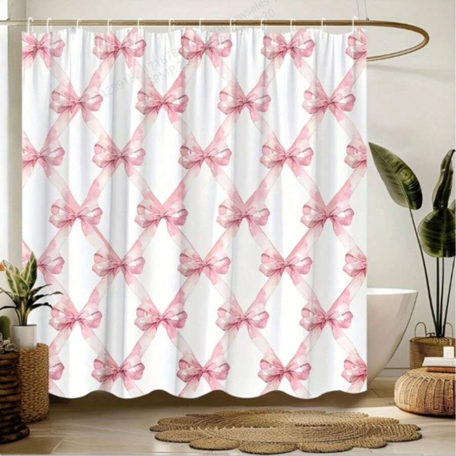 1PC Charming Pink Princess Bow Shower Curtain With Hooks - Cute Cartoon ...