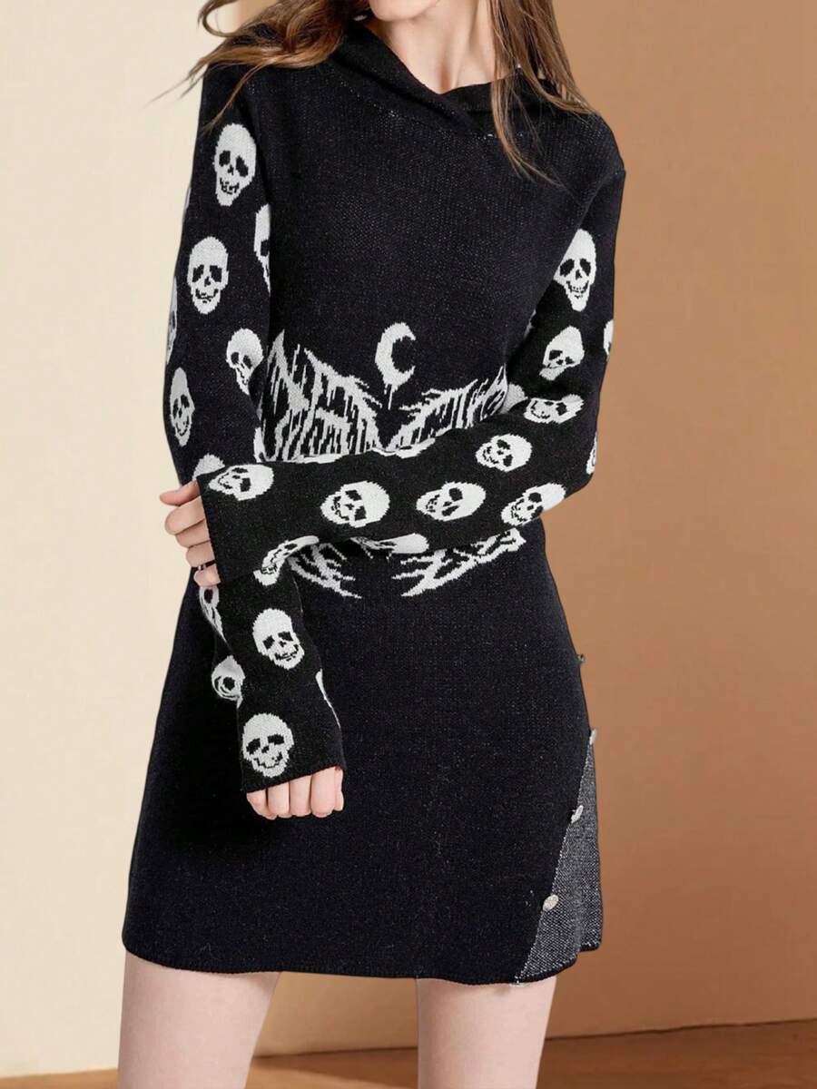 Women Halloween Knit Sweater Dress Black Long Sleeve Skull Head Print ...