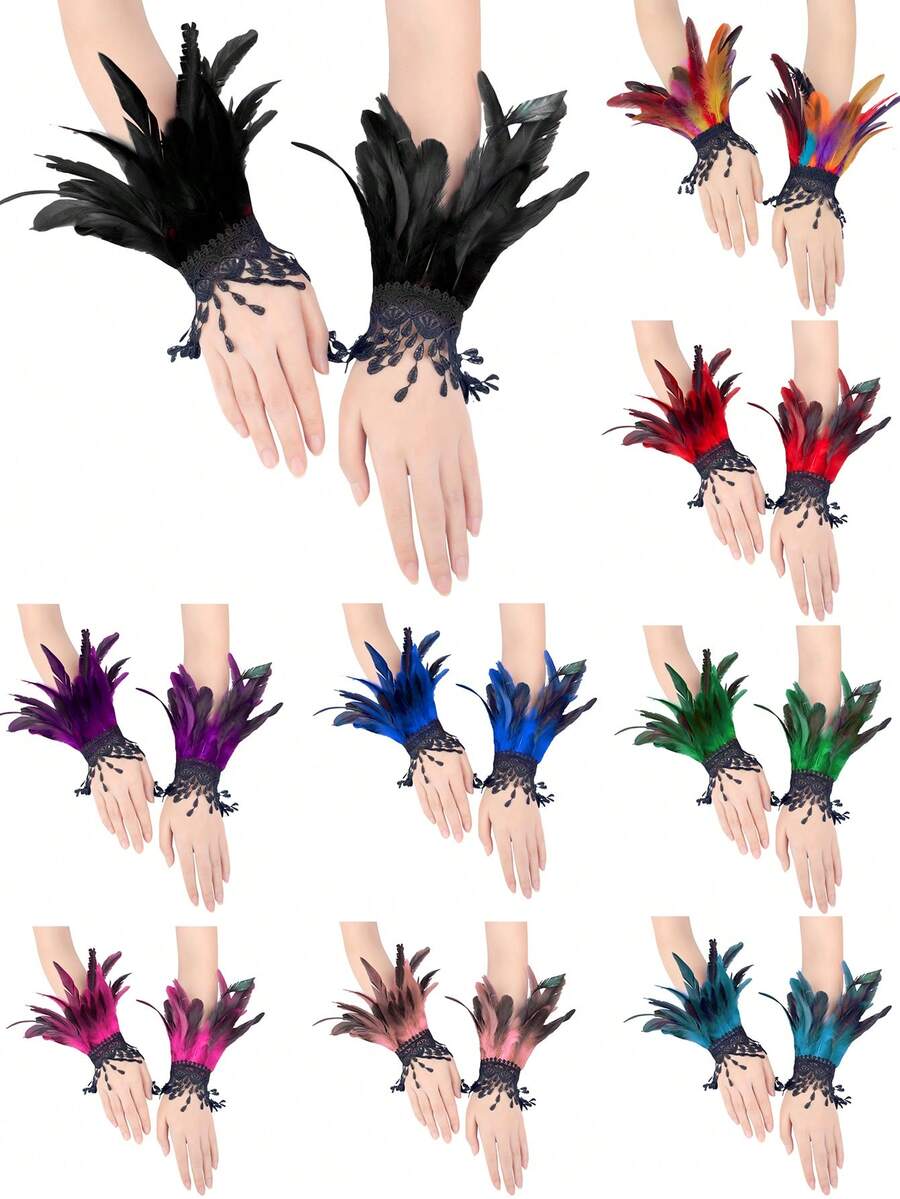 Lace Artificial Feather Gloves Cuffs For Women Cosplay Costume ...
