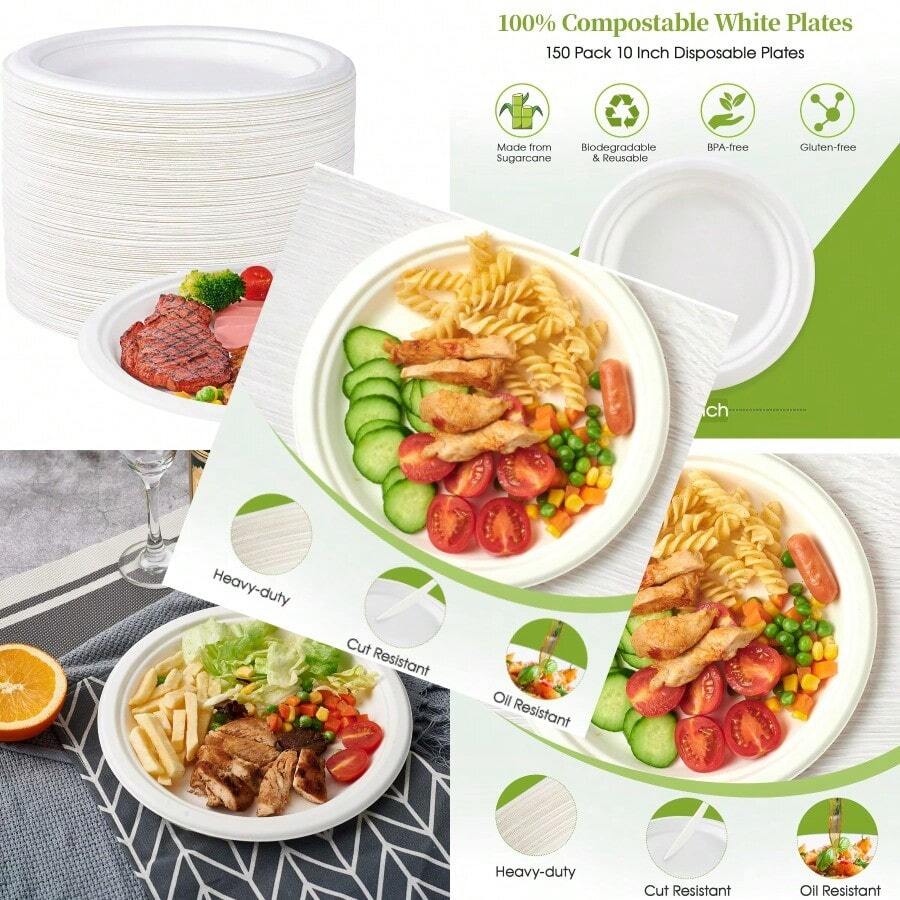 100% Compostable 10 Inch Heavy Duty Paper Plates 150 Pack Disposable ...
