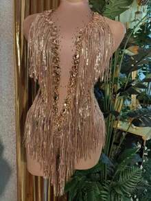 Sparkly Rhinestones Fringes Leotard Sexy Tassel Bodysuit Jazz Dance ...